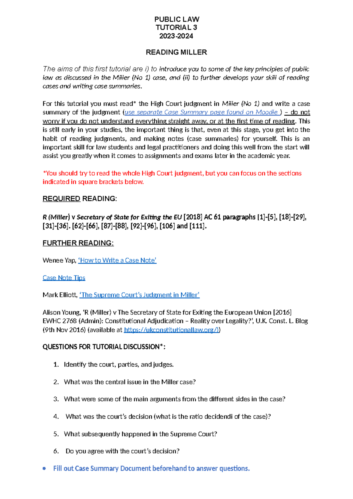 SOAS Public Law Tutorial 3 - PUBLIC LAW TUTORIAL 3 2023- READING MILLER ...