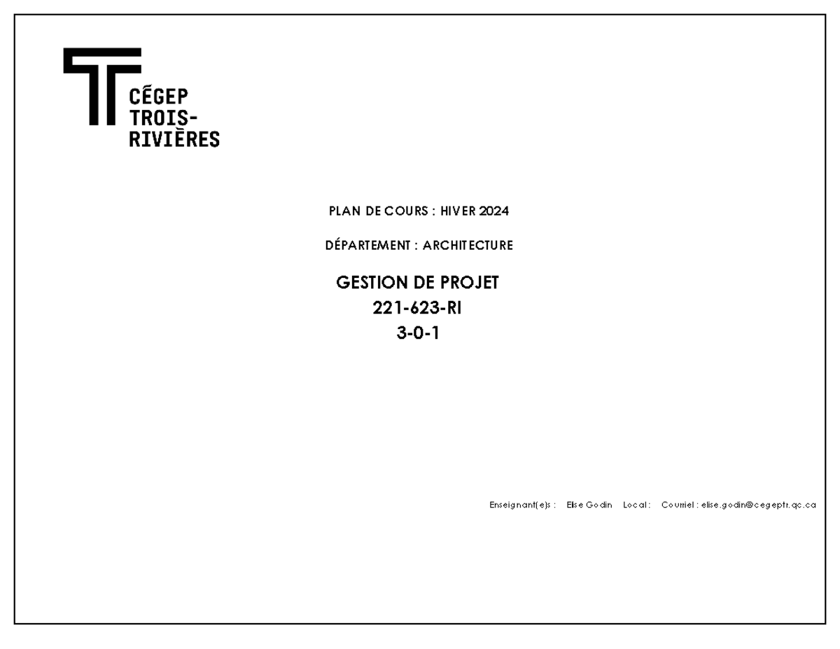 Plan de cours - Gestion de projet H24 - Enseignant(e)s : Elise Godin ...