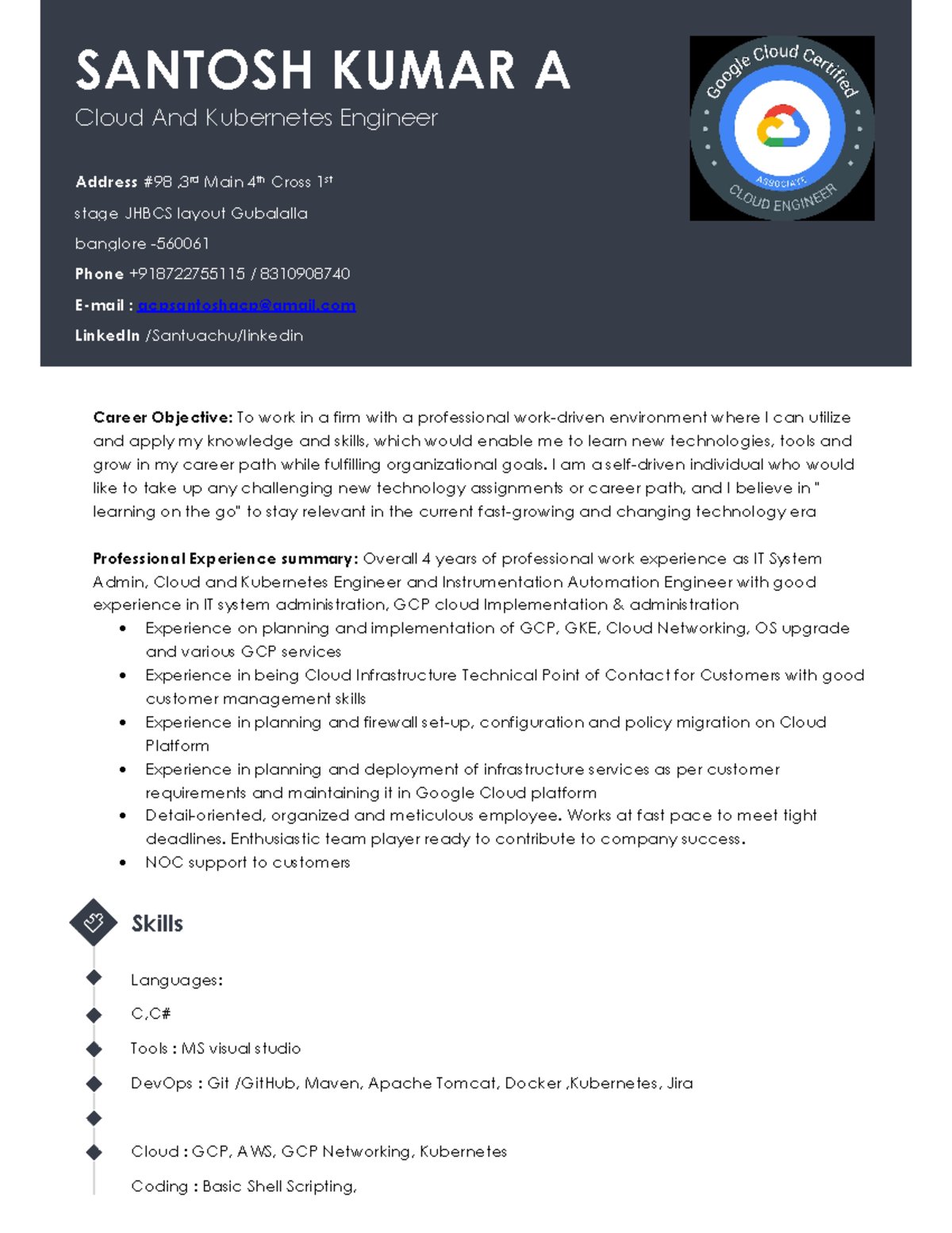 Santhosh-resume-gcp - Uddydystst - SANTOSH KUMAR A Cloud And Kubernetes ...