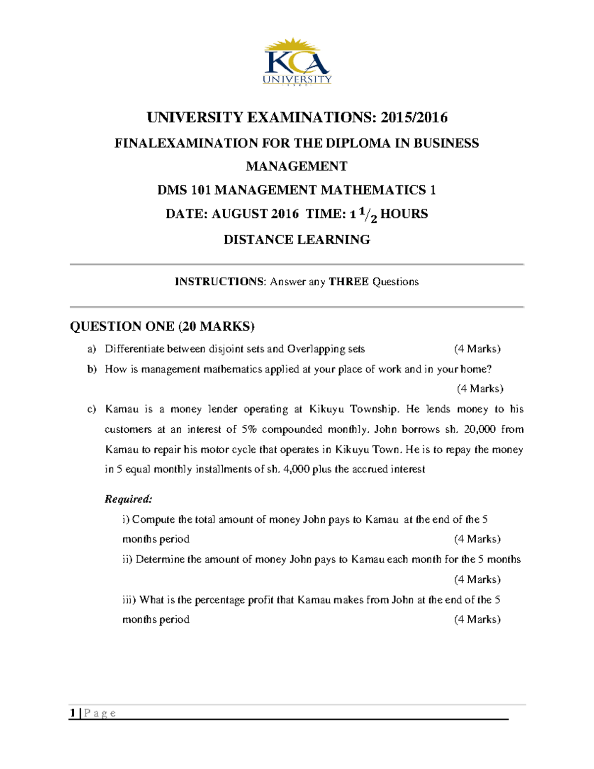 DMS 101 Management Mathematics 1 - UNIVERSITY EXAMINATIONS: 2015 ...