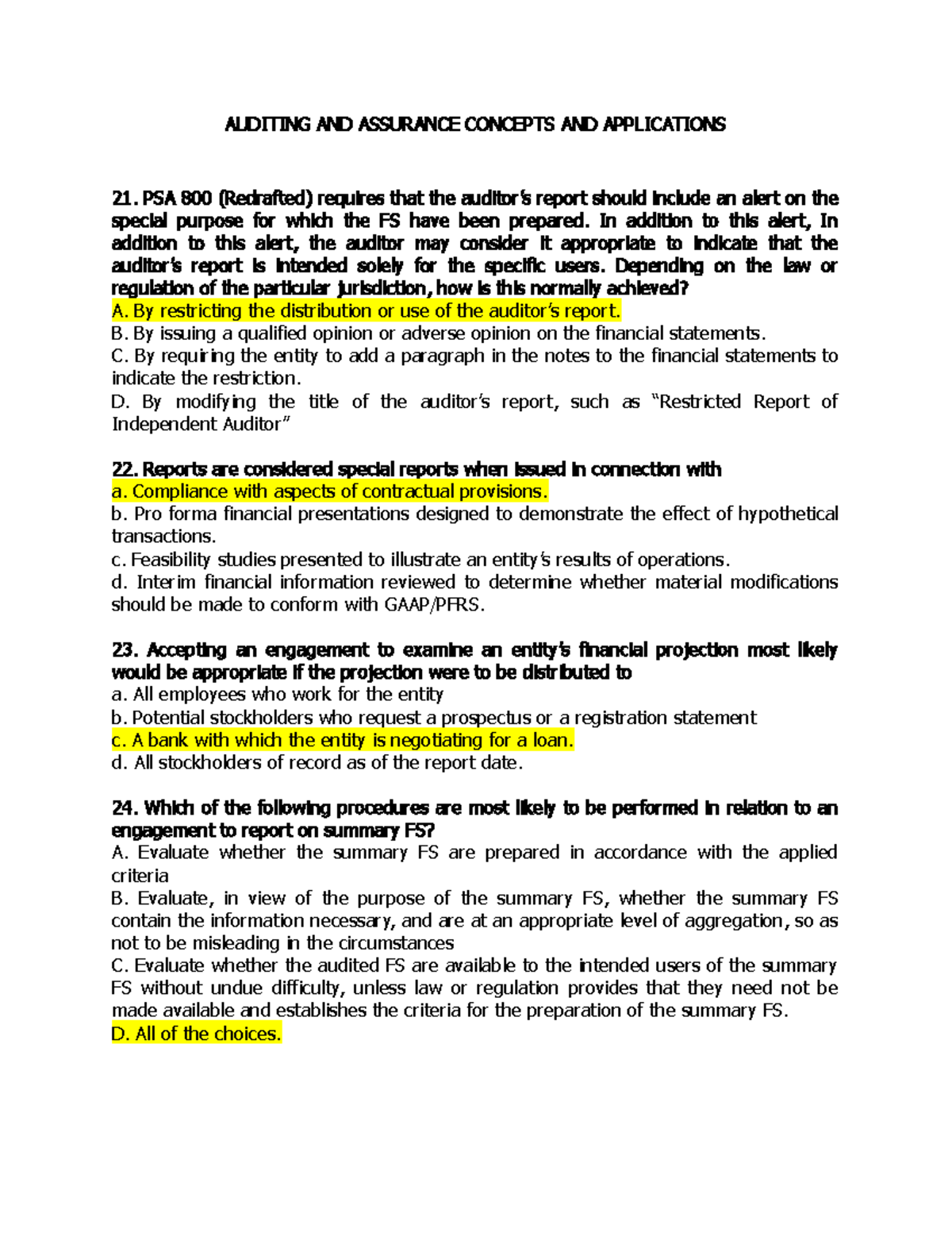 Audit 3 - it compose of multiple choice questions with answers - AUDITING AND ASSURANCE CONCEPTS ...