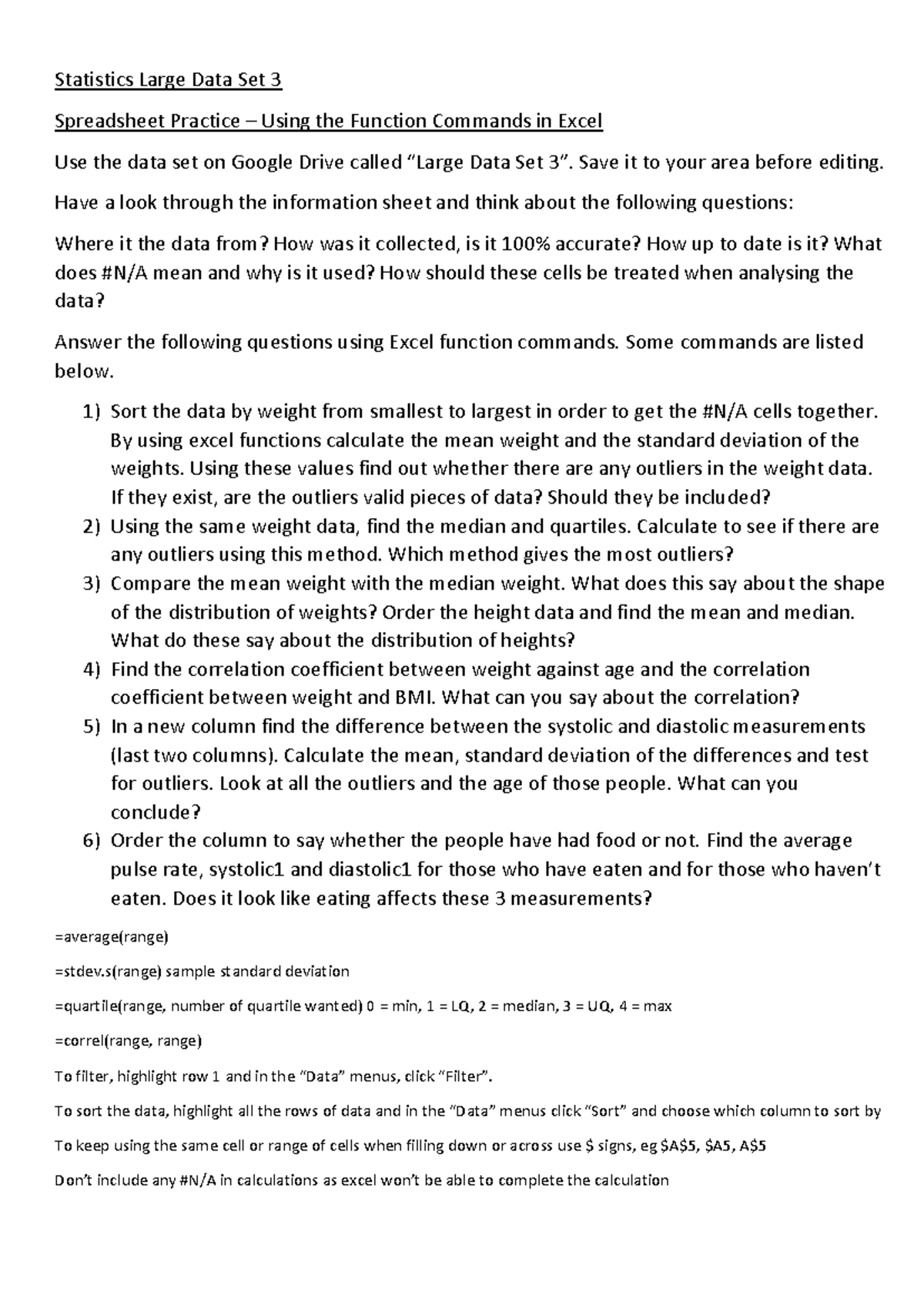 LDS 3 practice worksheet 1 Using Excel Functions - Statistics Large ...