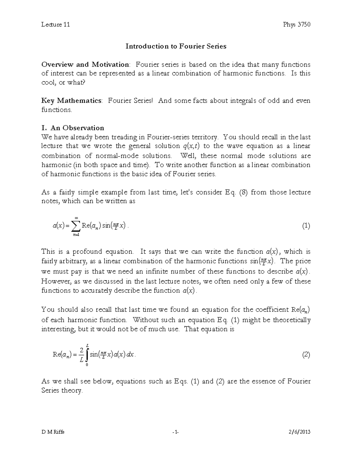 Lecture 11.pdf Introduction to Fourier Series - Lecture 11 Phys 3750 Introduction to Fourier ...