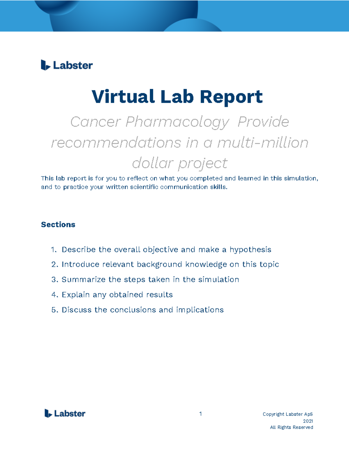 Cortez Lab Report Cancer Pharmacology - 1 Copyright Labster ApS 2021 ...