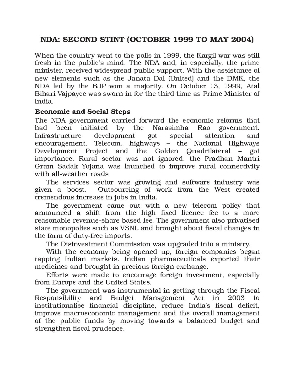 NDA Second Stint October 1999 TO MAY 2004 - History of Modern India ...