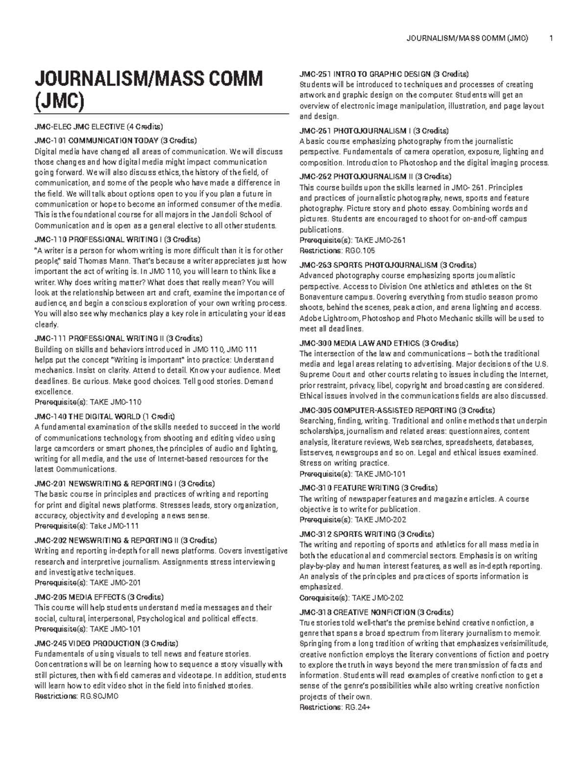Jmc - JOURNALISM/MASS COMM (JMC) JMC-ELEC JMC ELECTIVE (4 Credits) JMC ...