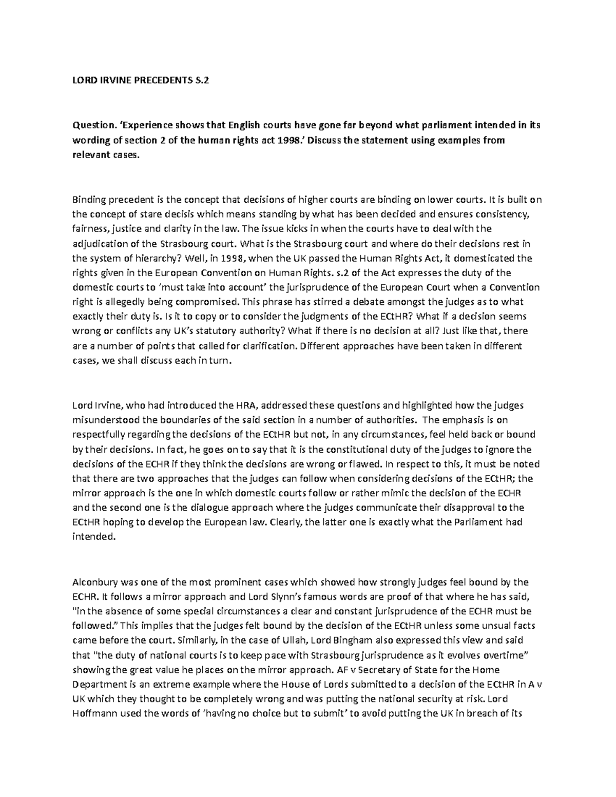 Lsm lord irvine - sample answers - LORD IRVINE PRECEDENTS S. Question ...