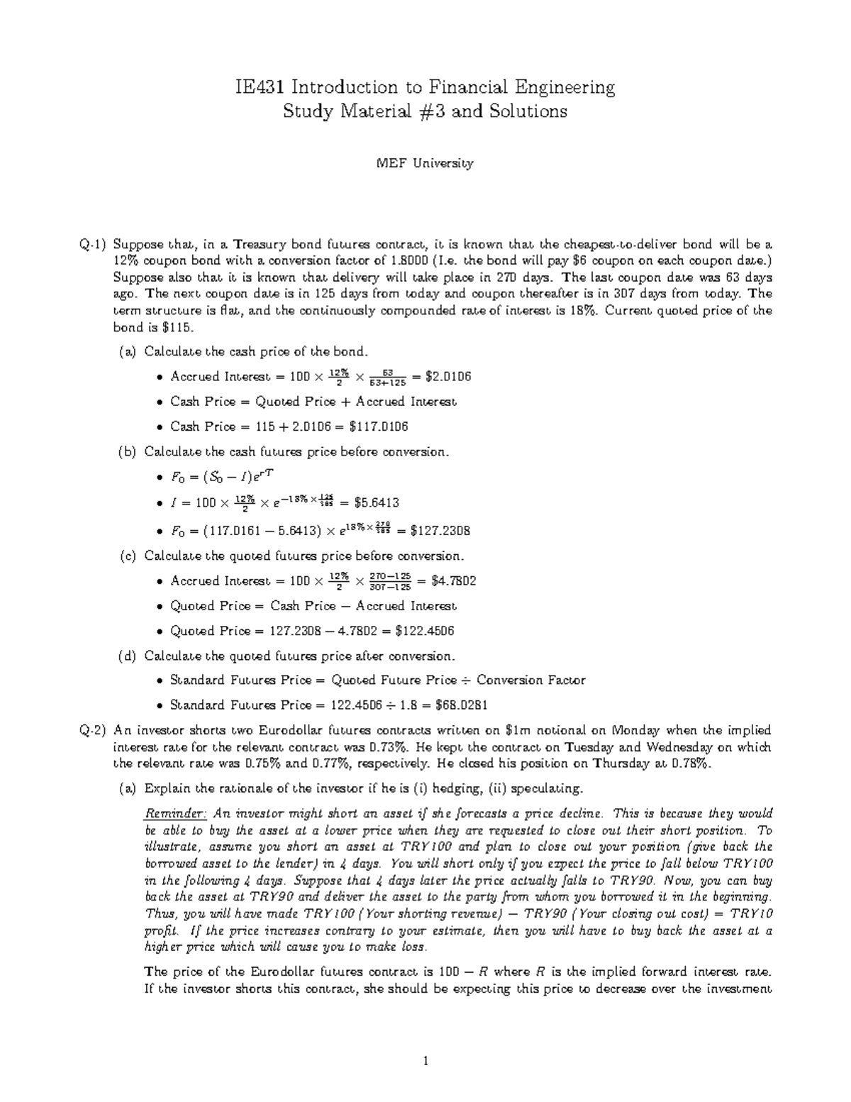 IE431 SM3 and Solutions - IE431 Introduction to Financial Engineering ...