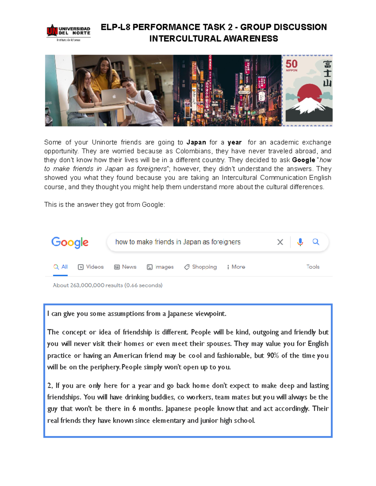 Input Text 1 - Performance Task 2 - ELP-L8 PERFORMANCE TASK 2 - GROUP DISCUSSION INTERCULTURAL ...