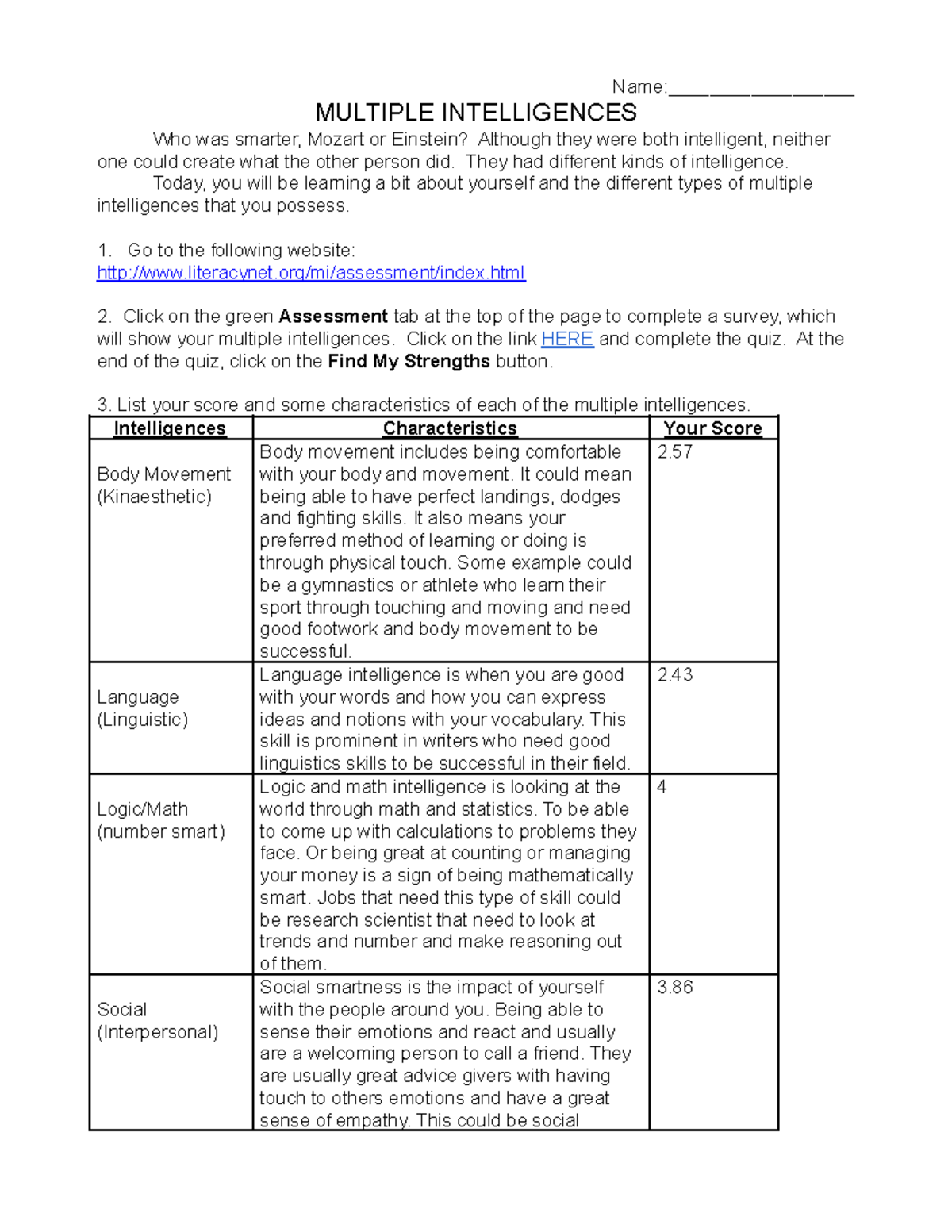 Arush 1.1 Multiple intelligences website - Name:__________________ MULTIPLE INTELLIGENCES Who ...
