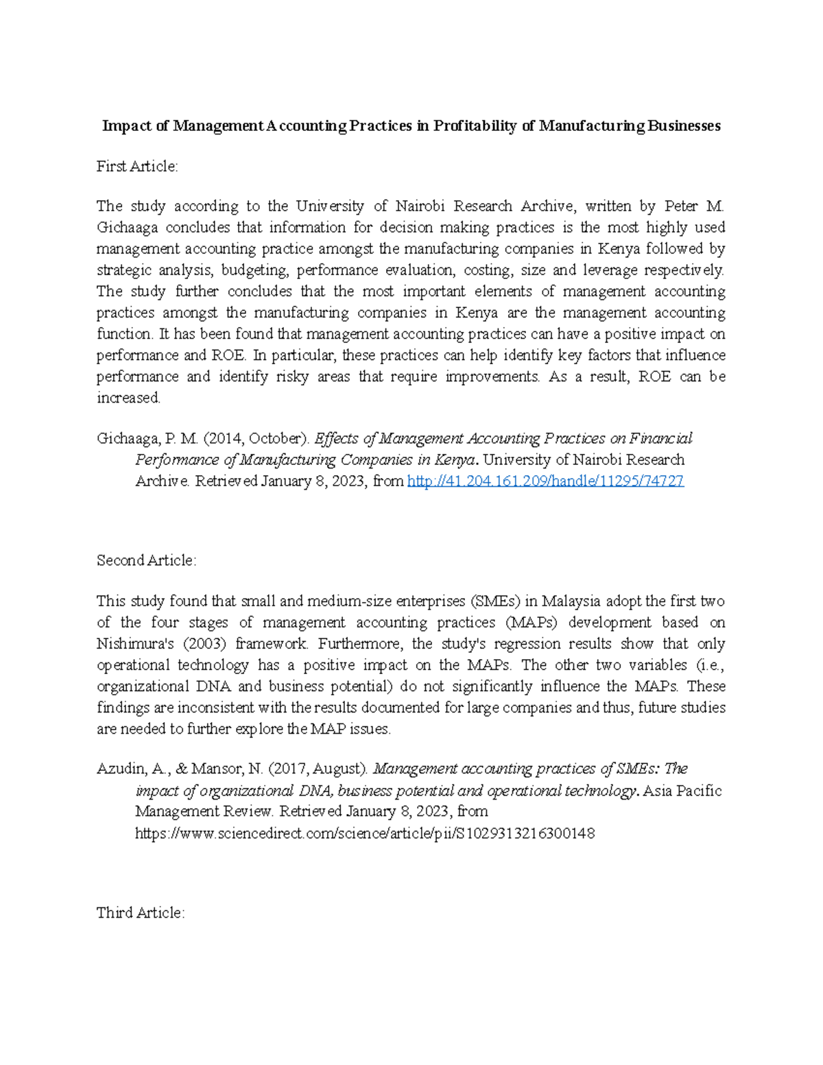 RRL - RRL FOR MANUFACTURING - Impact of Management Accounting Practices ...
