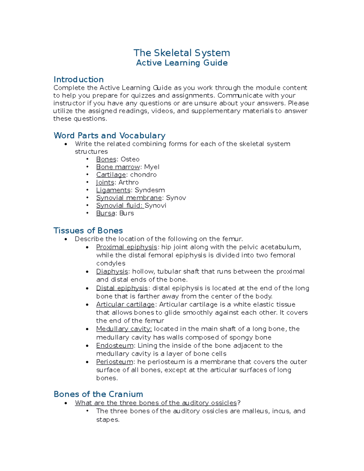 Assignment - Active Learning Guide (Ch. 3 - Skeletal System) - The ...