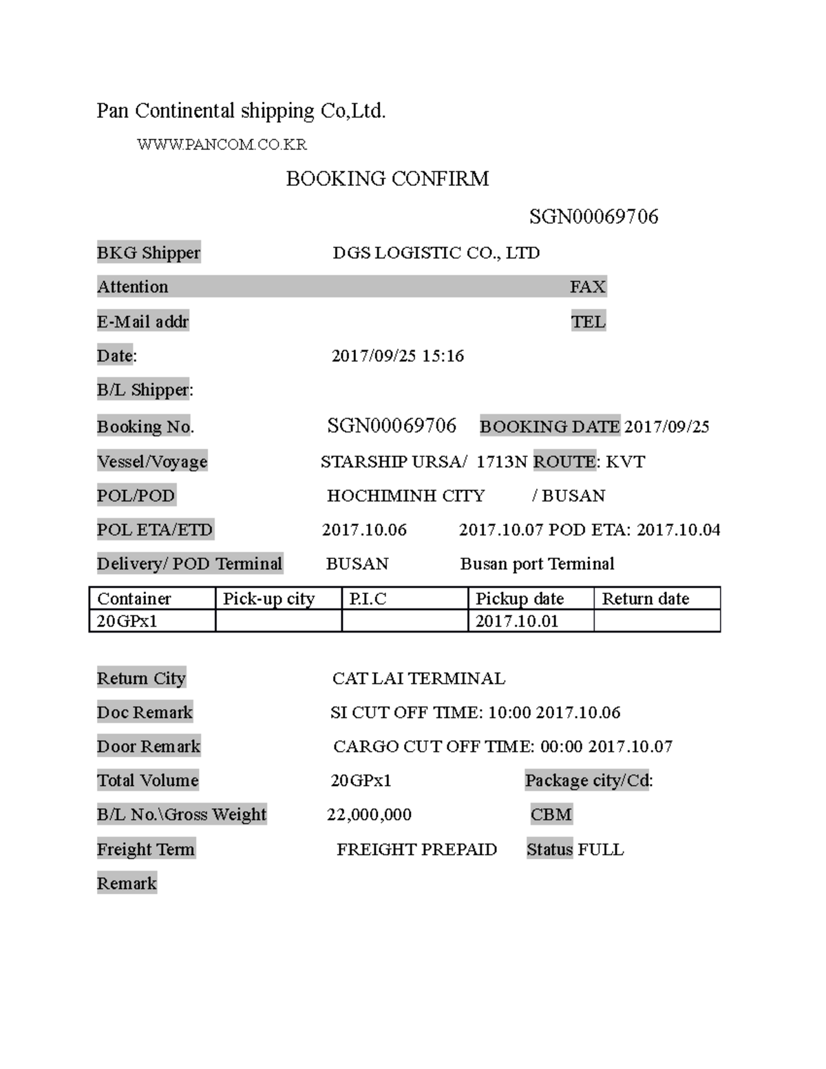 Booking confirm - btl - Pan Continental shipping Co,Ltd. WWW.PANCOM.CO ...