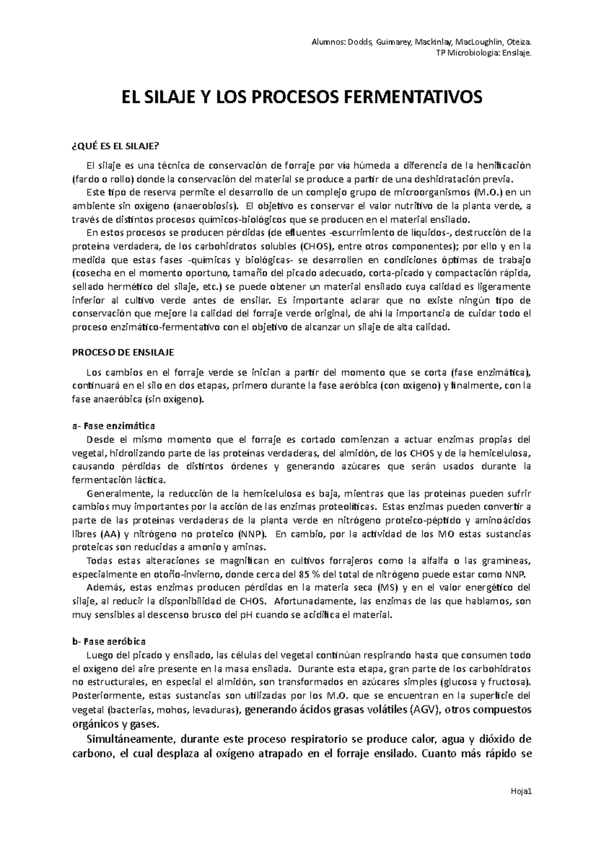 El silaje y los procesos fermentativos - Alumnos: Dodds, Guimarey, Mackinlay, MacLoughlin ...