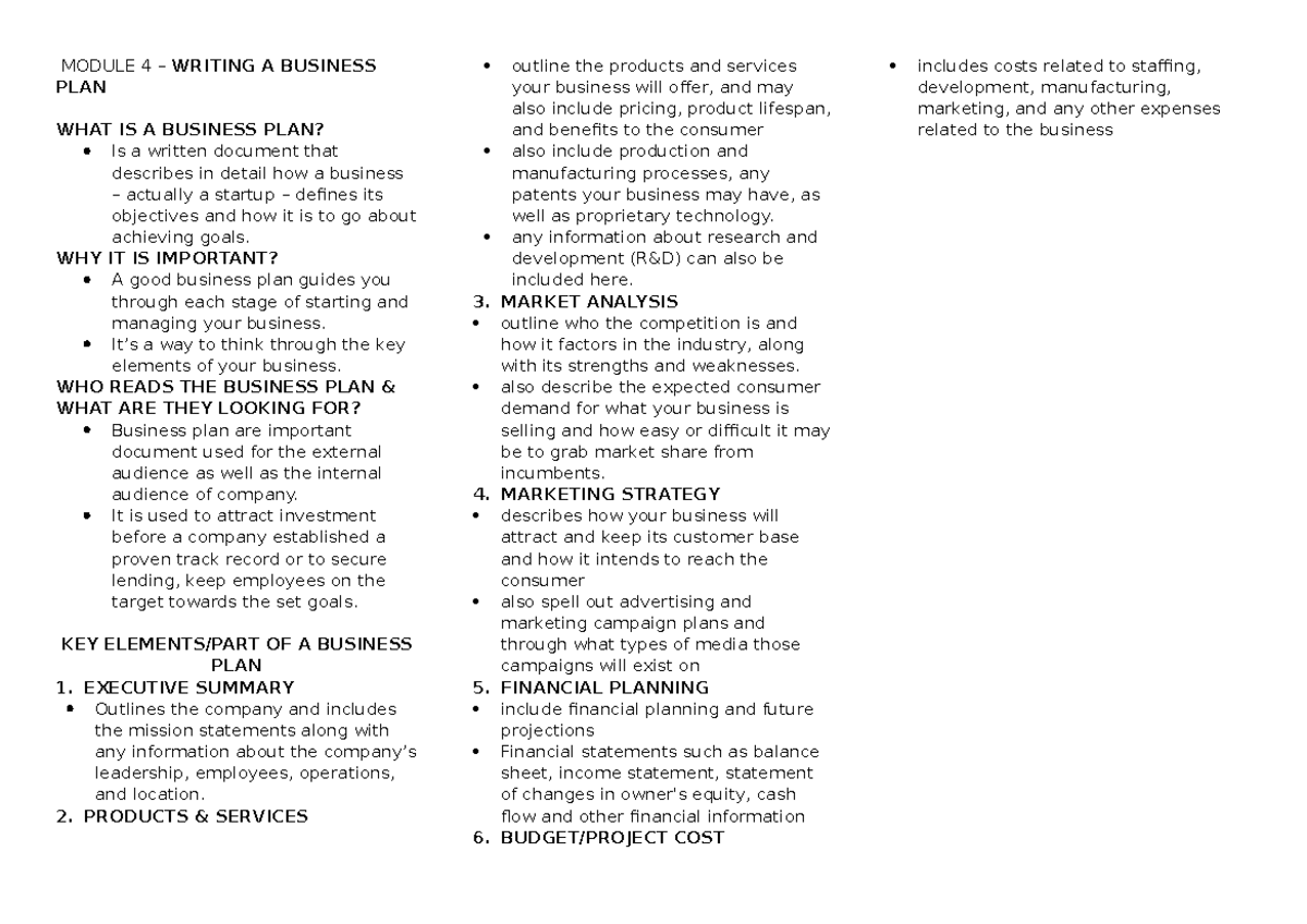 Module 4 ENTREPRENEURIAL MIND - MODULE 4 – WRITING A BUSINESS PLAN WHAT ...