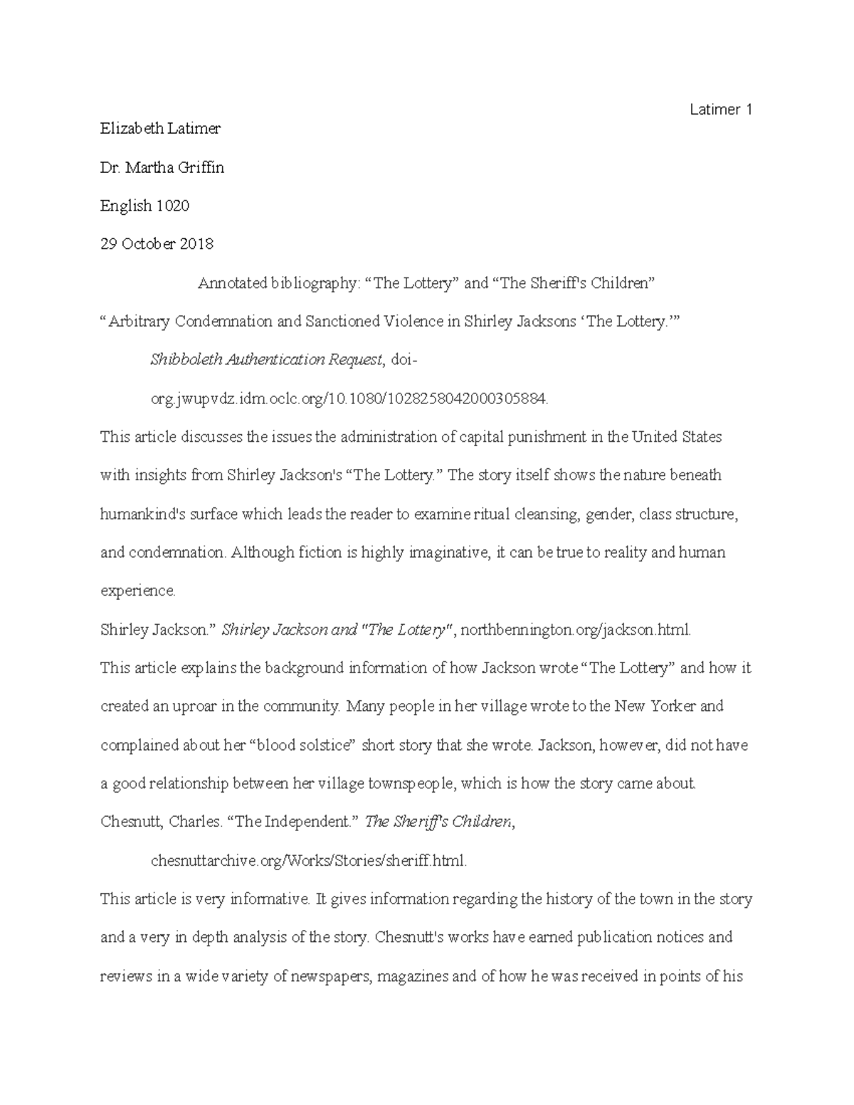 English 1020 Annotated bibliography heros journey - Latimer 1 Elizabeth ...