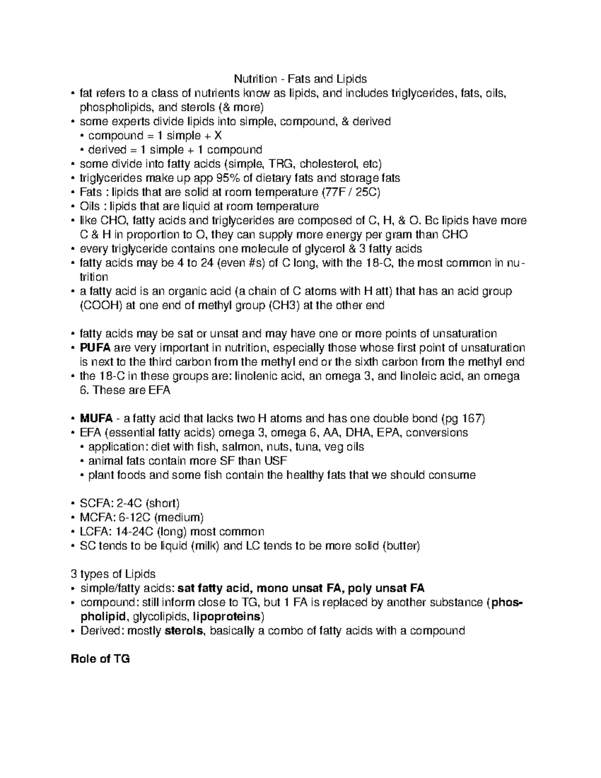 Nutrition 4 - Nutrition - Fats and Lipids •fat refers to a class of ...
