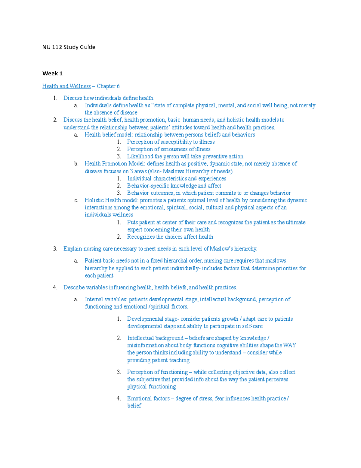 112 study guide - btrd - NU 112 Study Guide Week 1 Health and Wellness ...