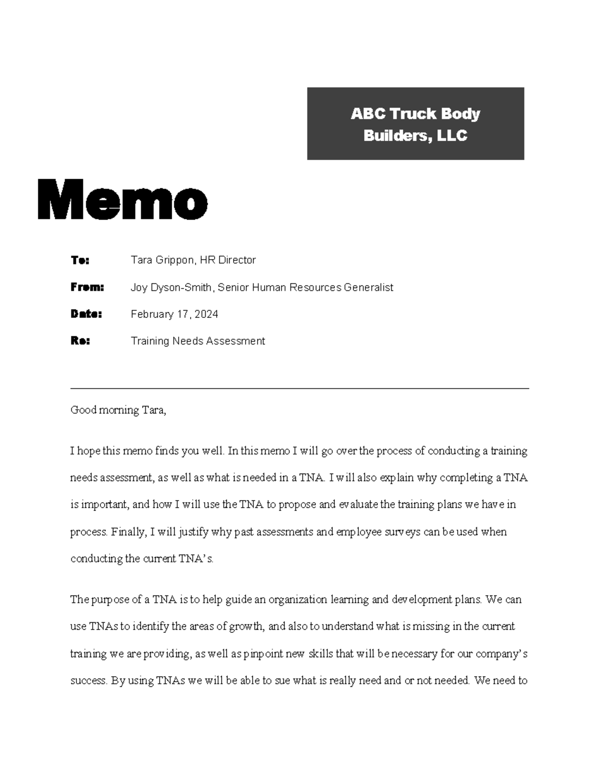 Module 6 Memo - ABC Truck Body Builders, LLC Memo To: Tara Grippon, HR ...