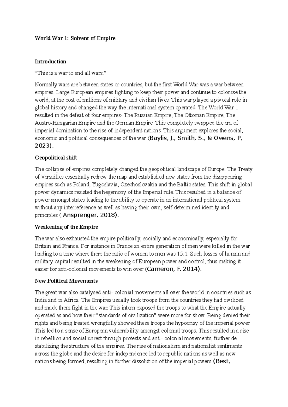 Politics essay 1 - World War 1: Solvent of Empire Introduction “This is ...