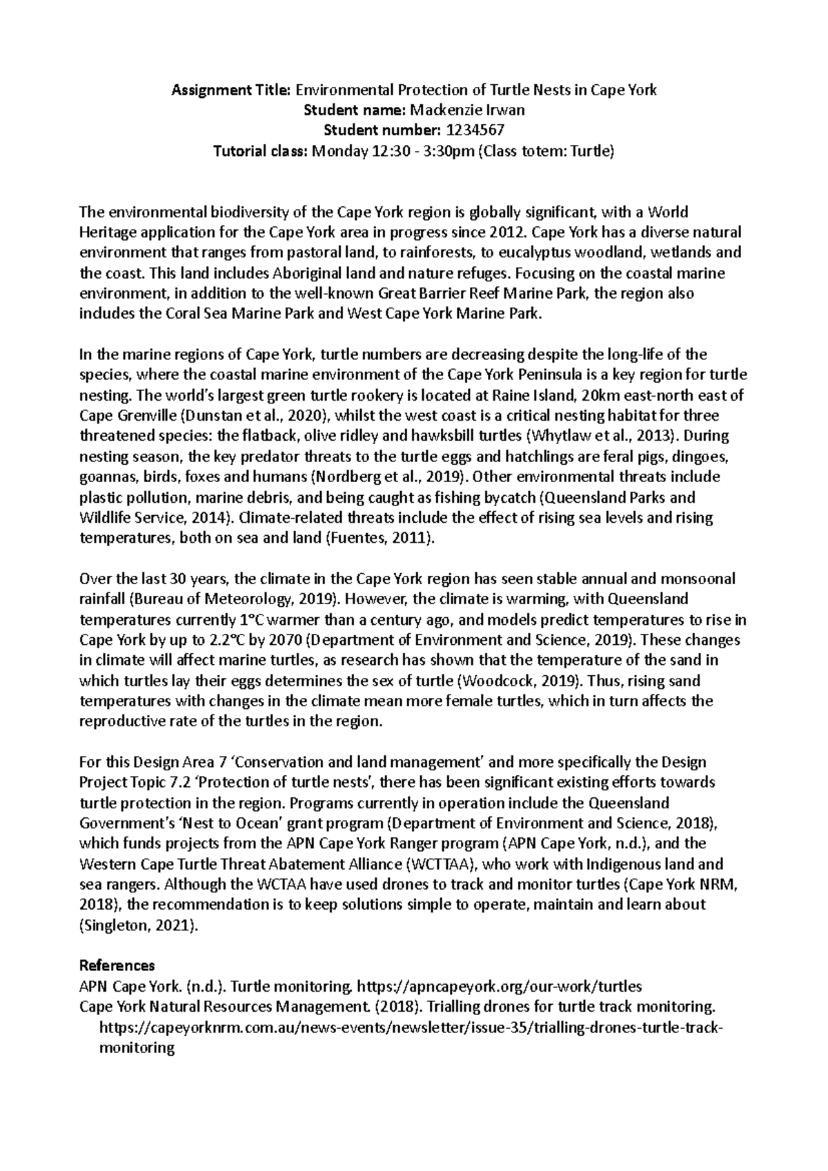 Assessment Task 3 - Turtles Example - Assignment Title: Environmental Protection of Turtle Nests ...