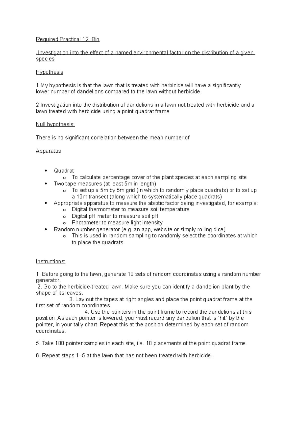 Required Practical 12 - 2 into the distribution of dandelions in a lawn ...