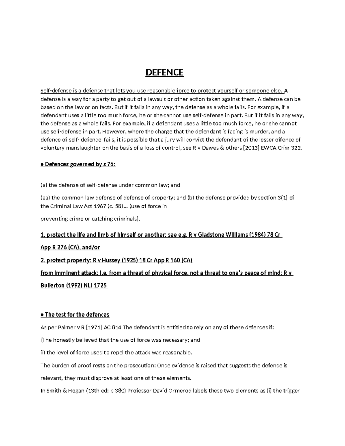 Defence - Info - DEFENCE Self-defense is a defense that lets you use ...