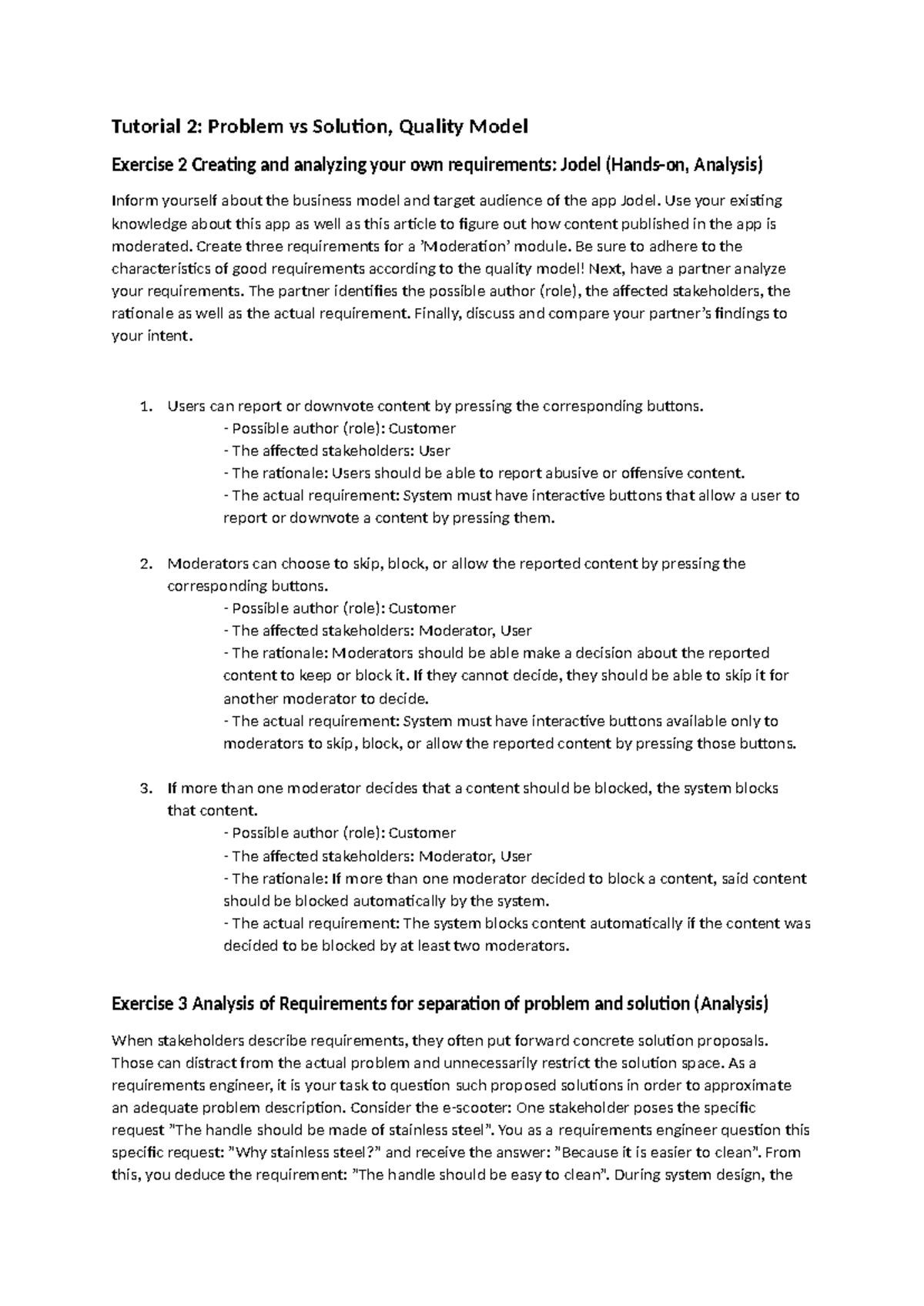 Exercise Sheet 2 - Tutorial 2: Problem vs Solution, Quality Model ...