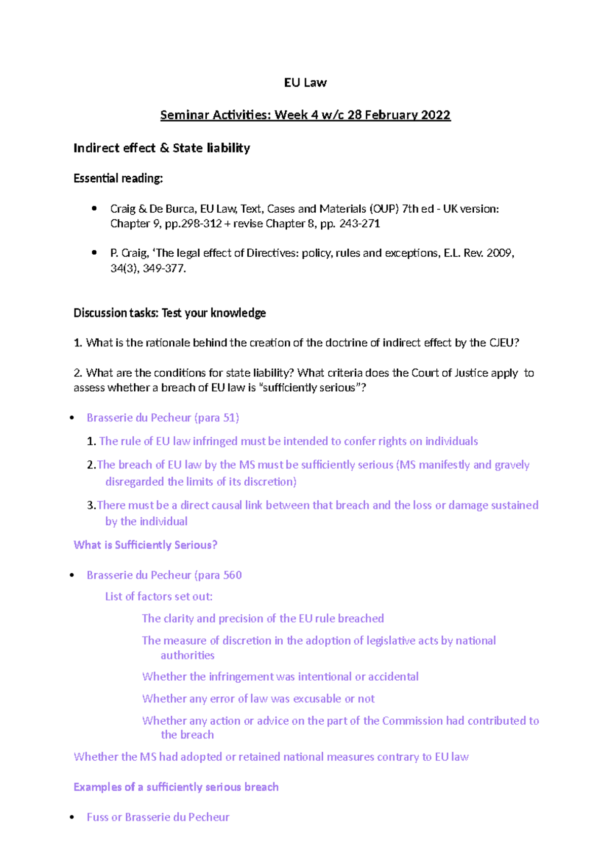 Week 4 Seminar Activities Indirect Effect And State Liability In Eu Law Converted Eu Law