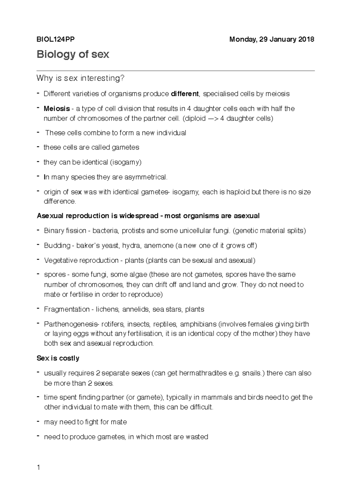 BIO124 1 intro - Lecture notes 1 - BIOL124PP Monday, 29 January 2018 ...