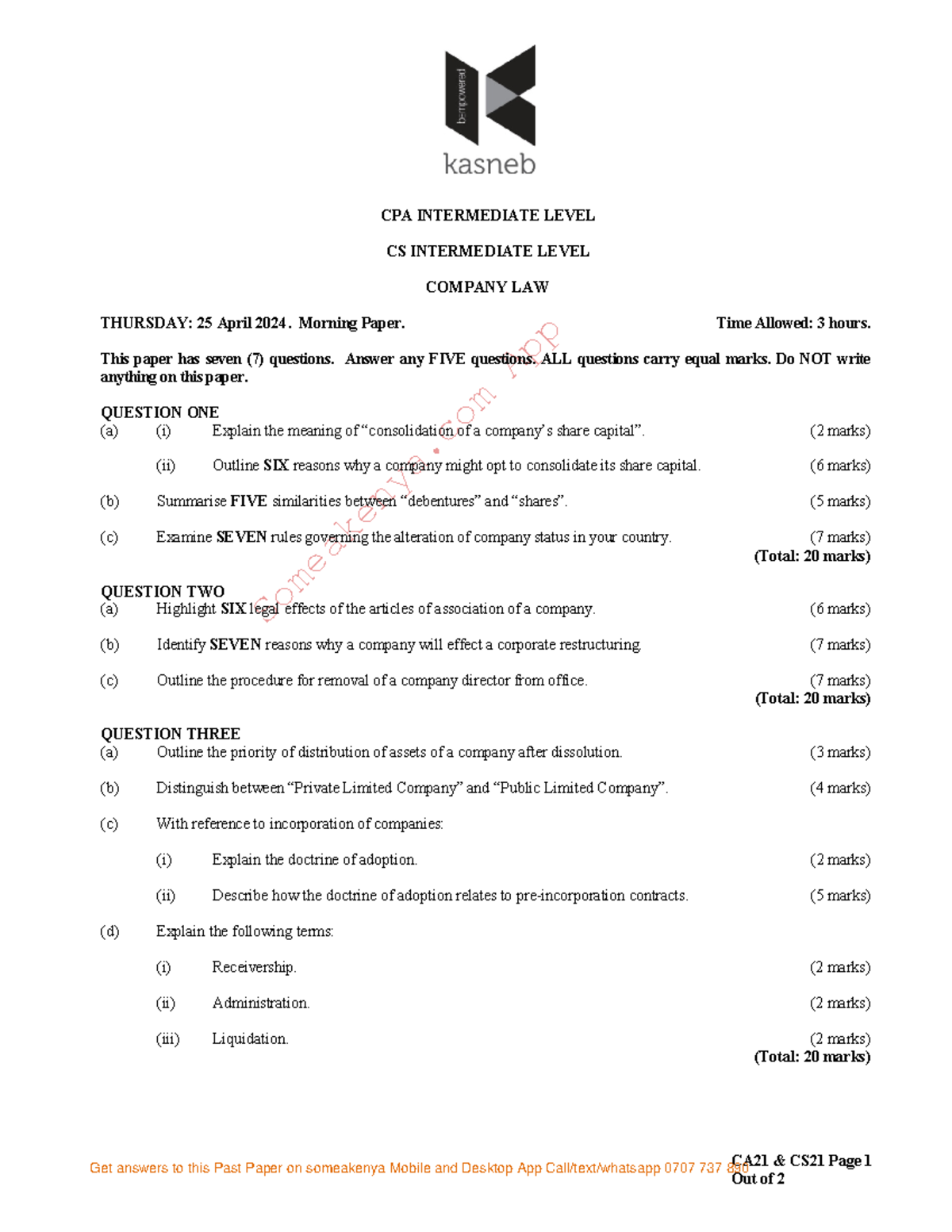 CL April 2024 - past paper - Someakenya App CA21 & CS21 Page 1 Out of 2 ...