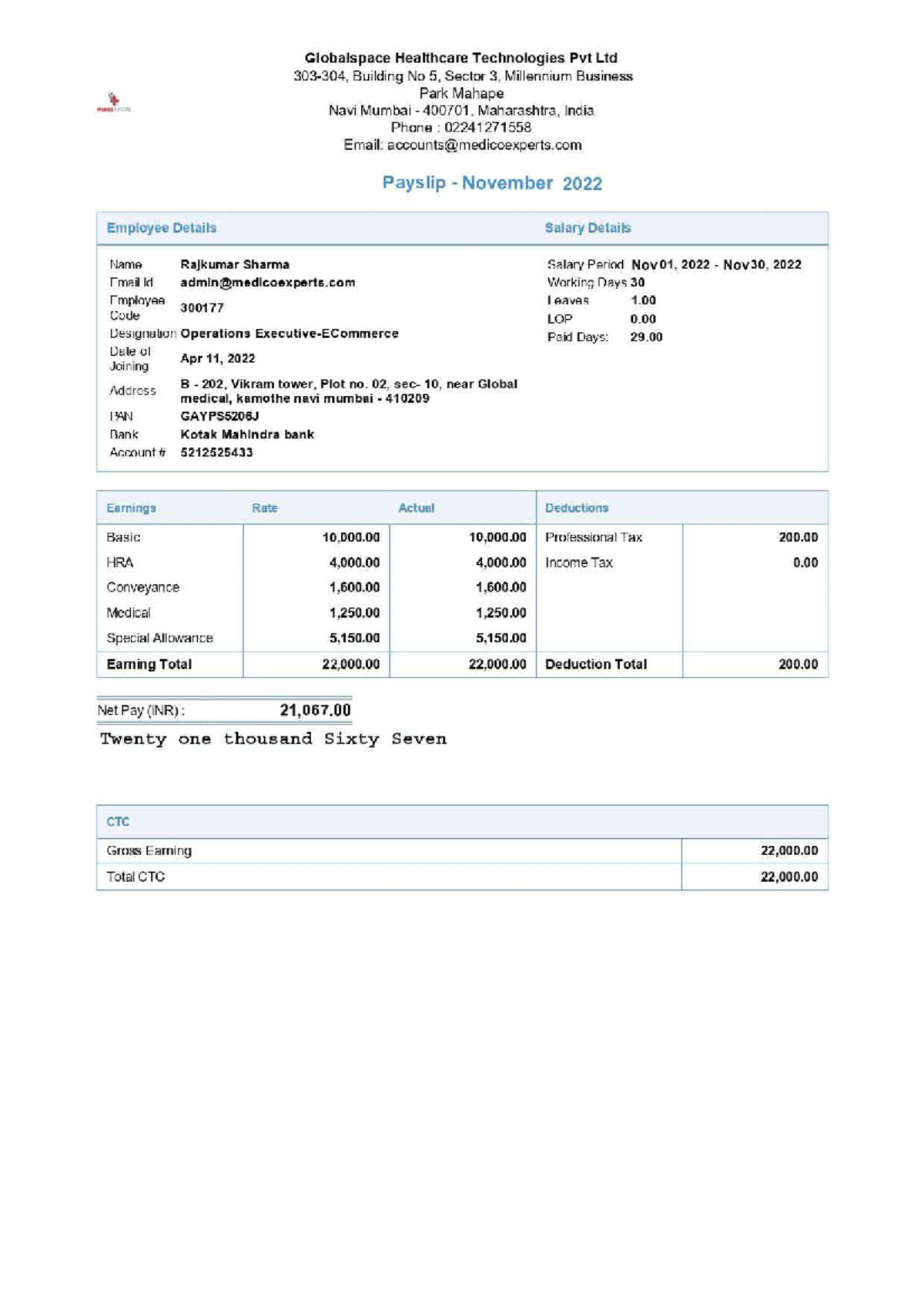Rajkumar Sharma (300177) - Payslip - 2022 Nov - computer vision - Studocu