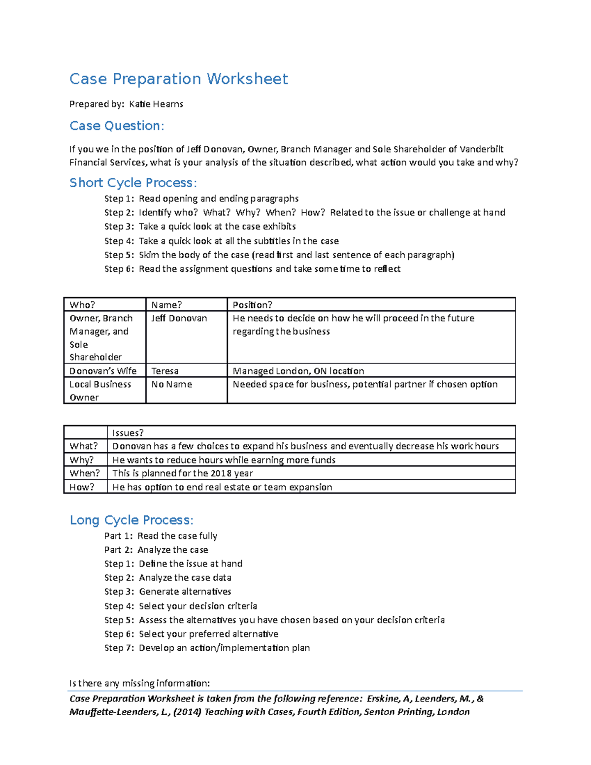 Case Preparation Worksheet - Vanderbilt Finance Services - Case ...