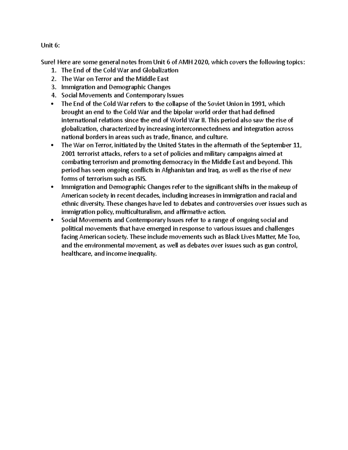 Unit 6 Notes AMH - Unit 6: Sure! Here are some general notes from Unit ...