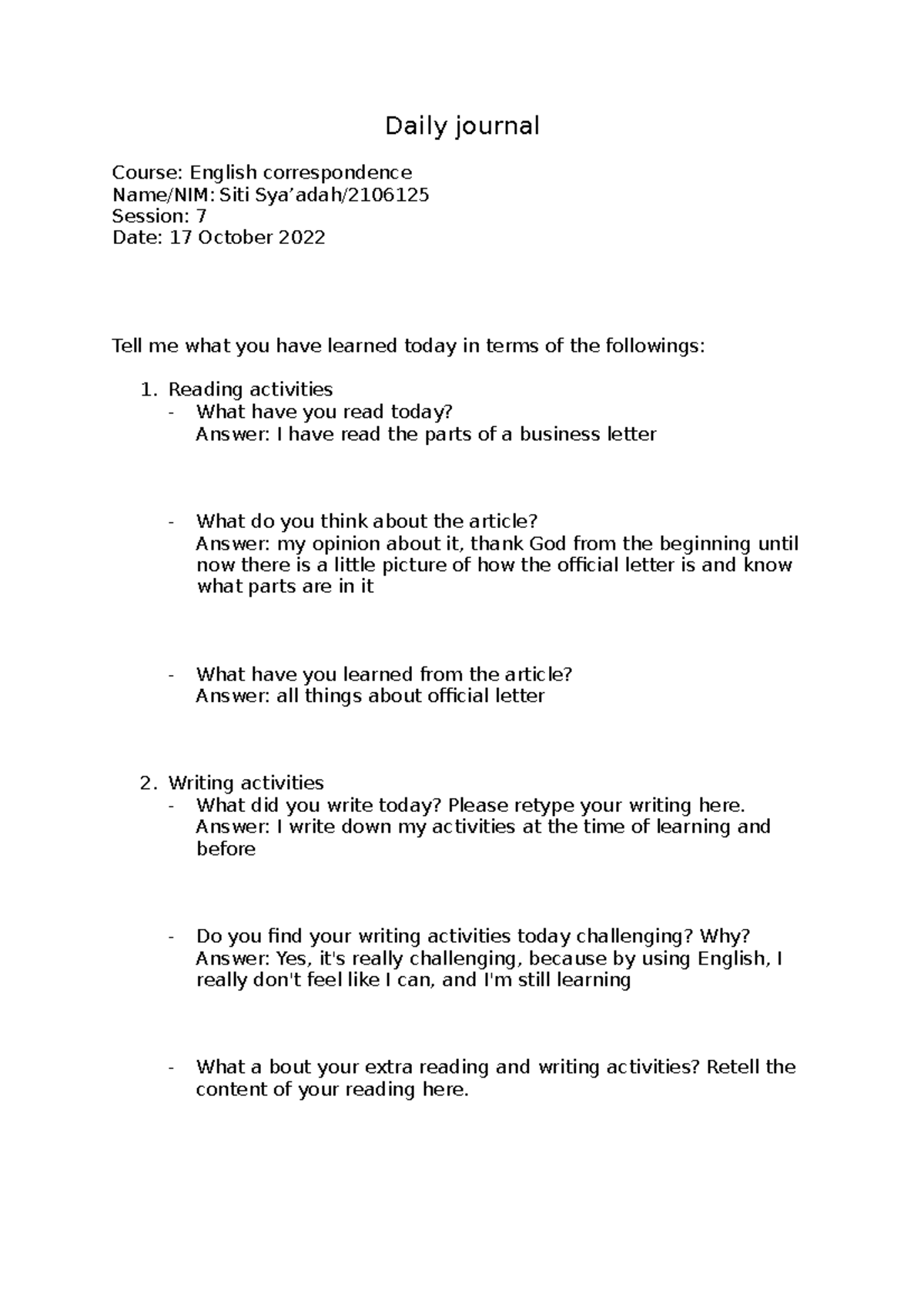 Daily journal at English Course to reflect student's understanding ...