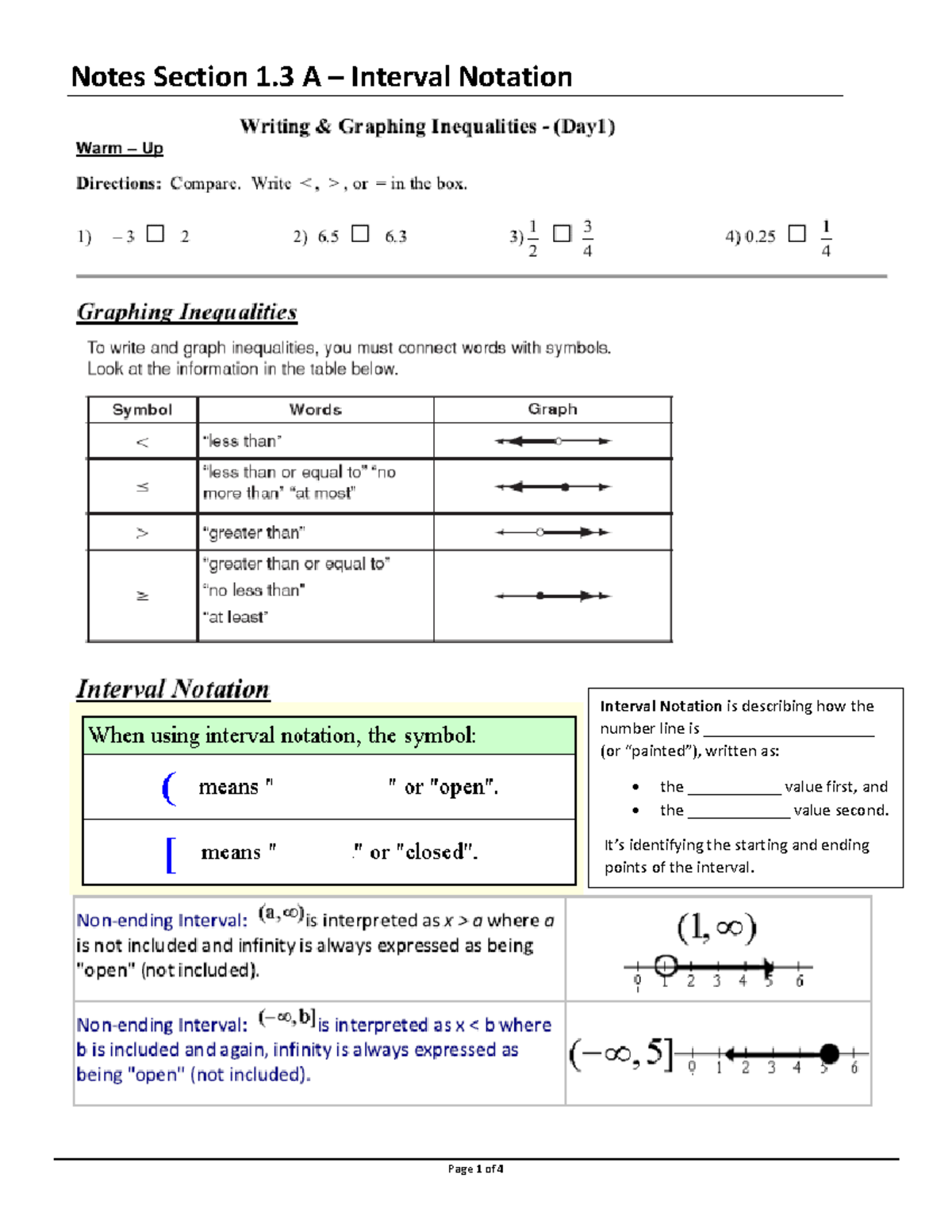 1.3 A Interval Notation FITB - Interval Notation is describing how the ...