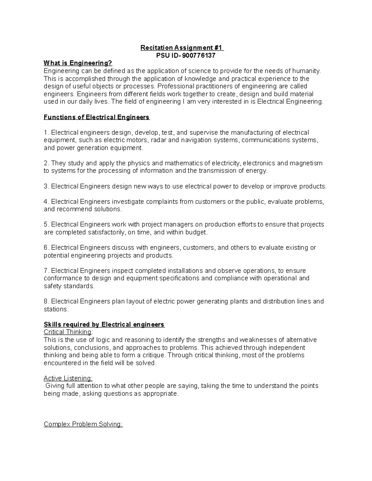 Recitation Assiignment 1-1 - Recitation Assignment # PSU ID- 900776137 ...