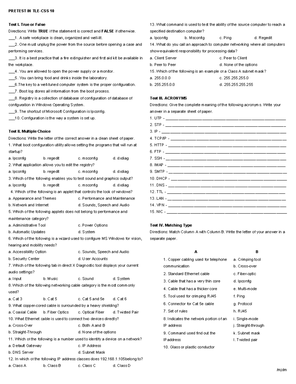 322709368 Pretest in TLE CSS 10 - PRETEST IN TLE-CSS 10 Test I. True or ...