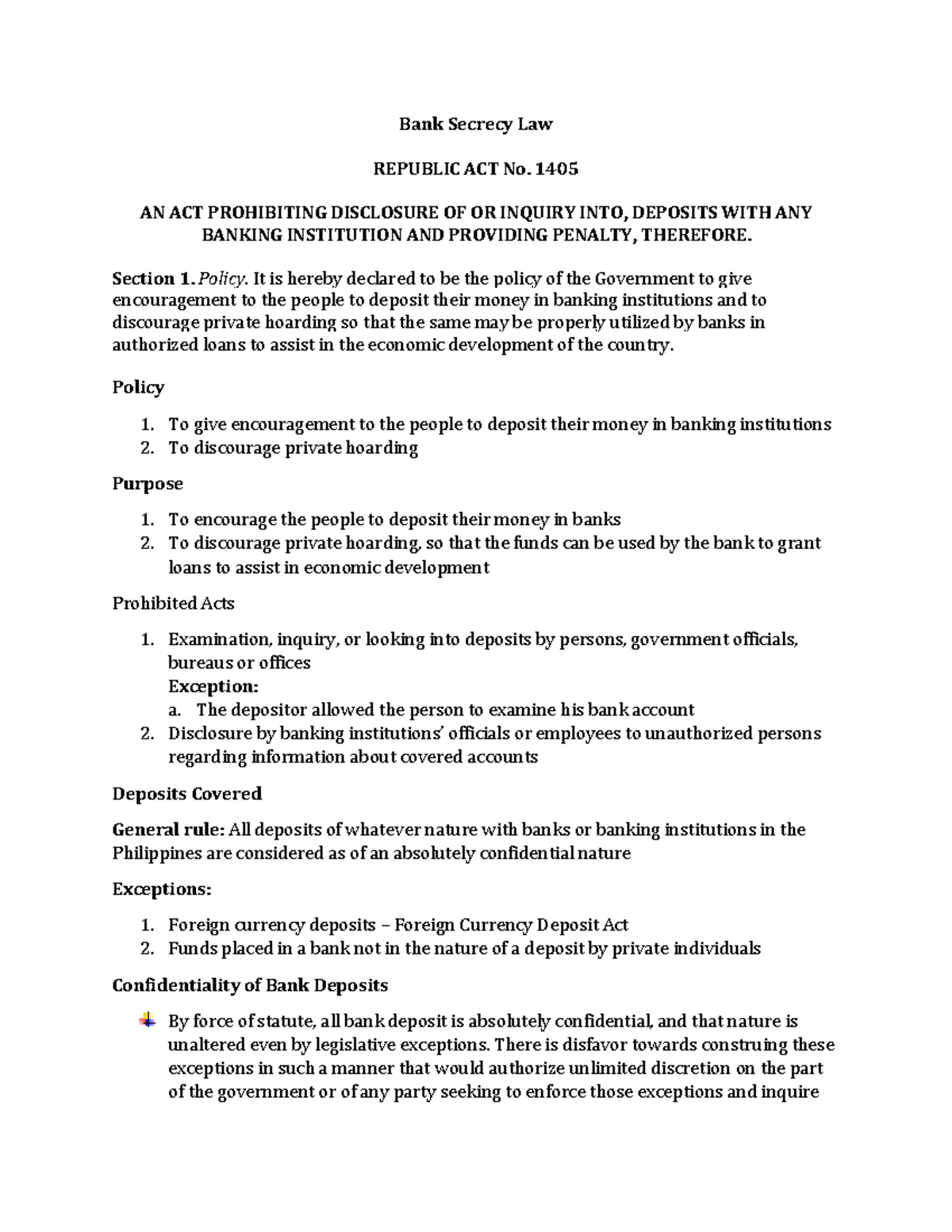 Bank Secrecy Law - Bank Secrecy Law REPUBLIC ACT No. 1405 AN ACT ...