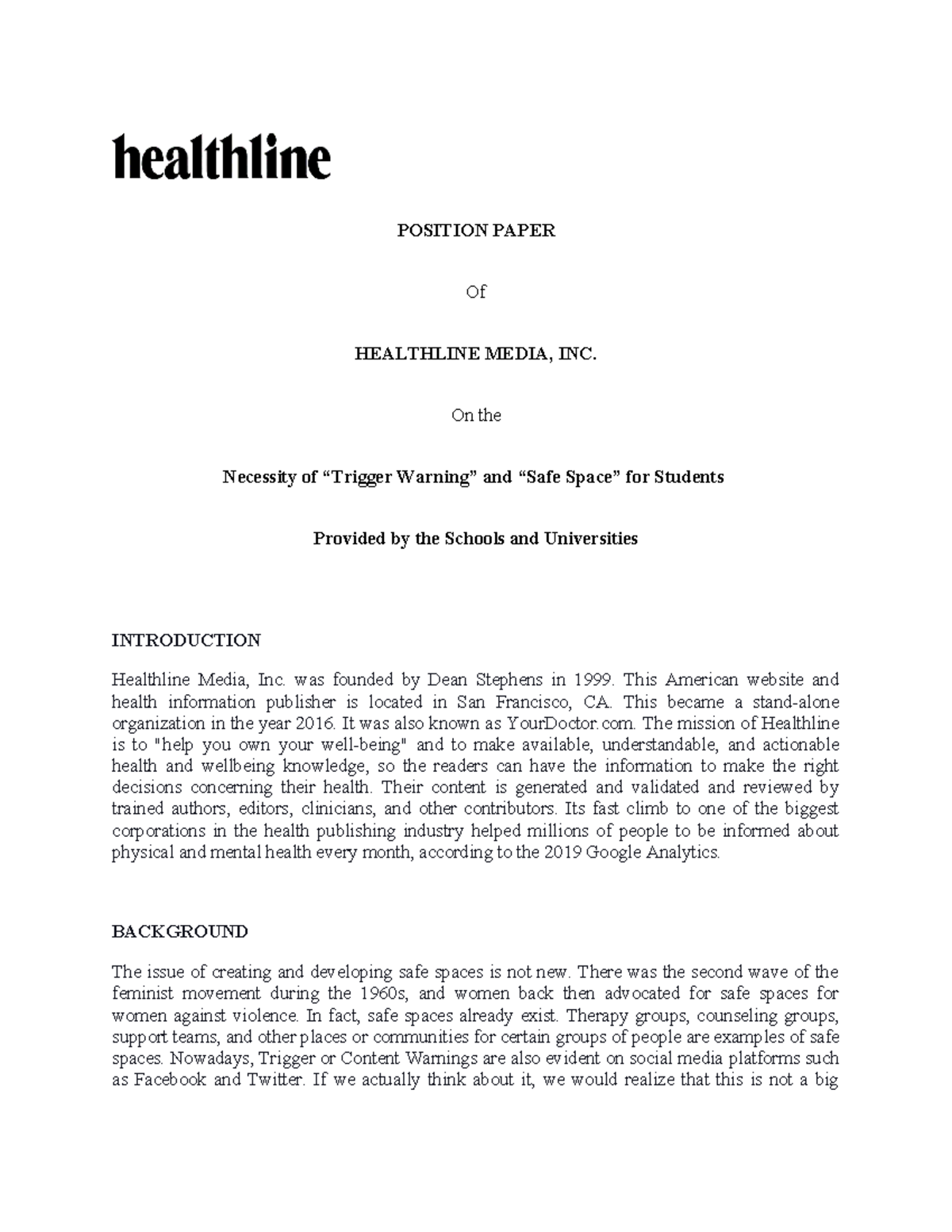 Position Paper - POSITION PAPER Of HEALTHLINE MEDIA, INC. On the ...