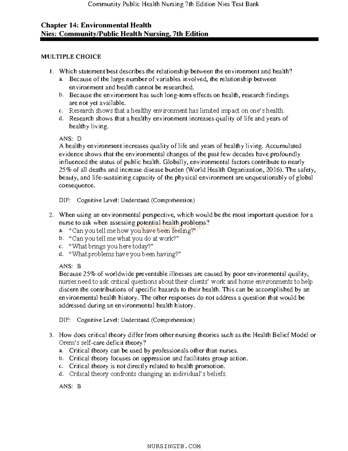 14 - Practice questions - NURSINGTB Chapter 14: Environmental Health ...