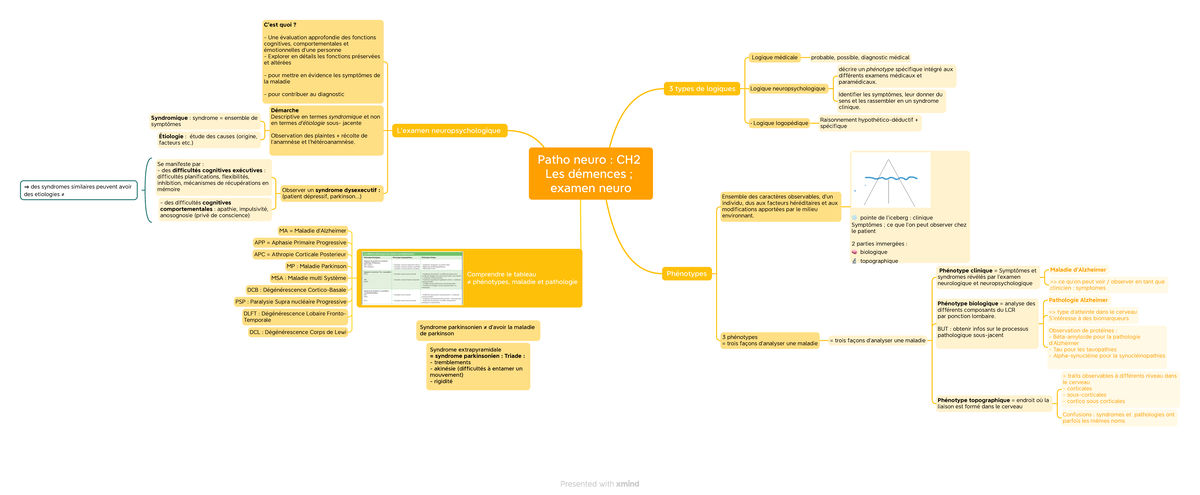 Mind Map Patho neuro CH2 Les démences P1 - Patho neuro : CH Les démences ; examen neuro 3 types ...