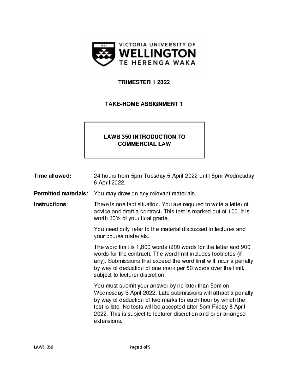 Assignment 1 LAWS 350 final - TRIMESTER 1 2022 TAKE-HOME ASSIGNMENT 1 ...