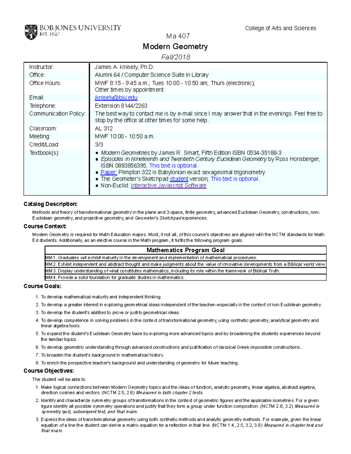 Syllabus modern geometry - College of Arts and Sciences Ma 407 Modern ...