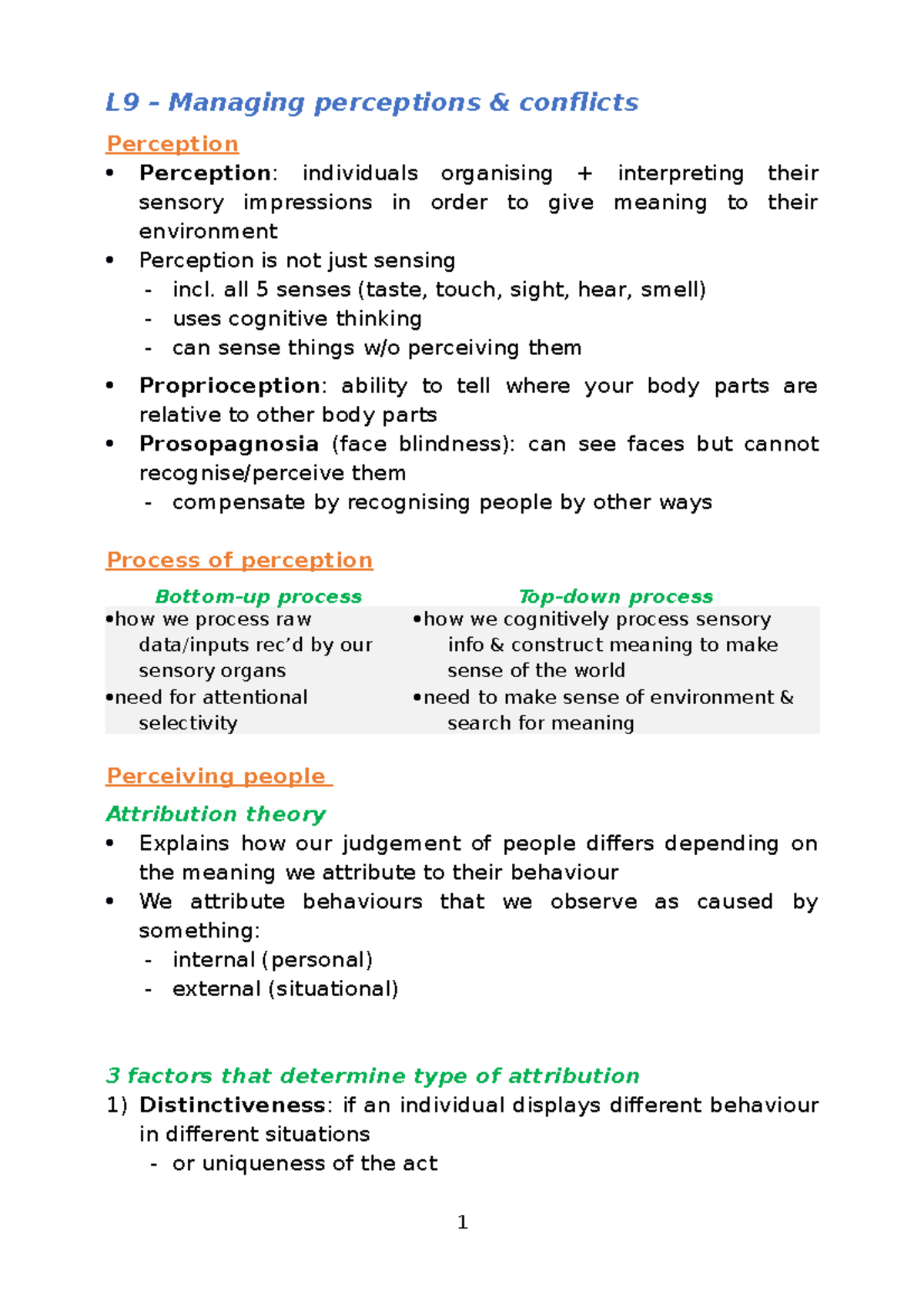 Lecture 9 notes - L9 – Managing perceptions & conflicts Perception ...