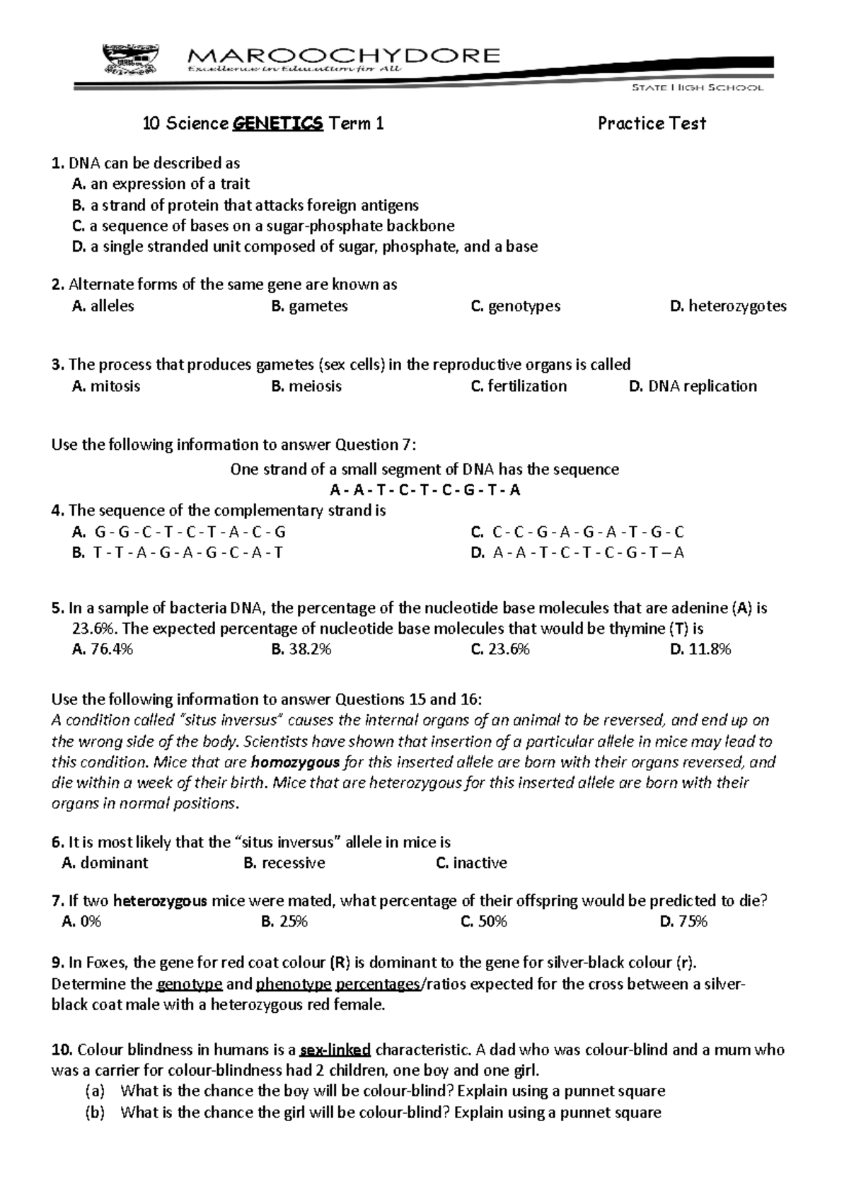 10 Science Practice test - 10 Science GENETICS Term 1 Practice Test DNA ...