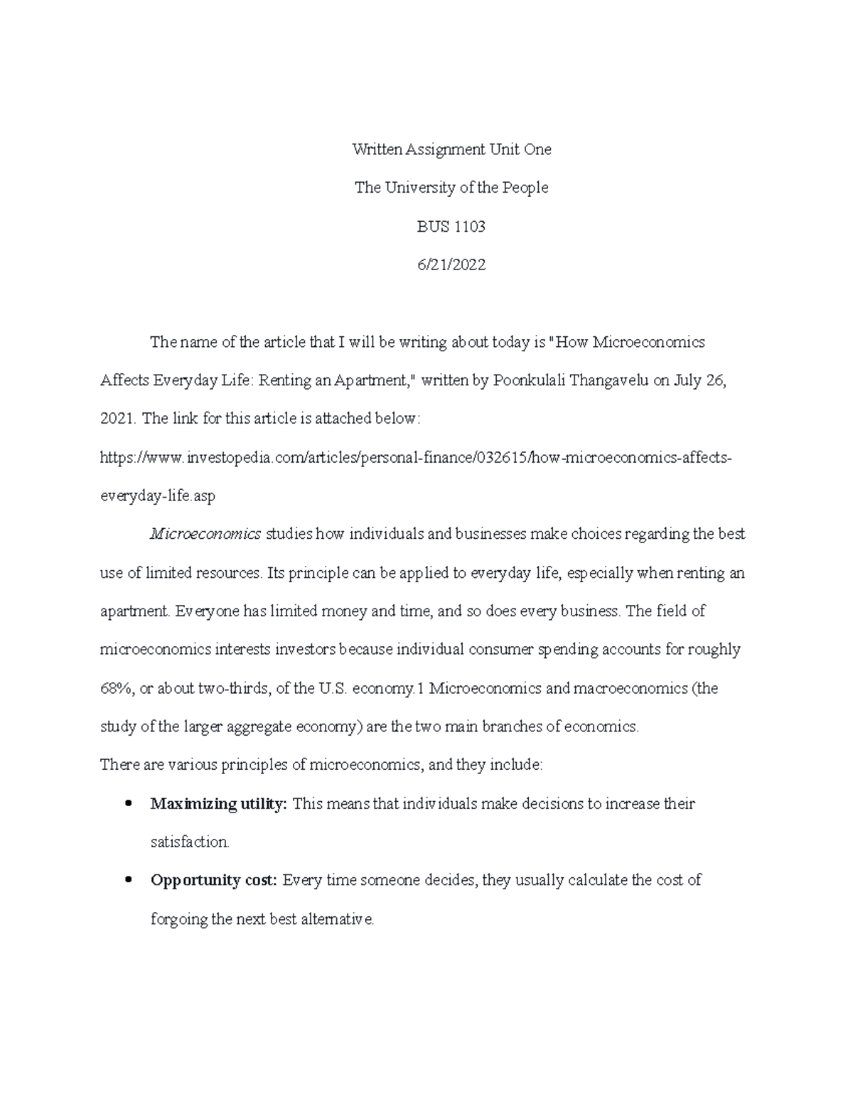 BUS 1103 Written Assignment UNIT ONE - Written Assignment Unit One The University of the People ...