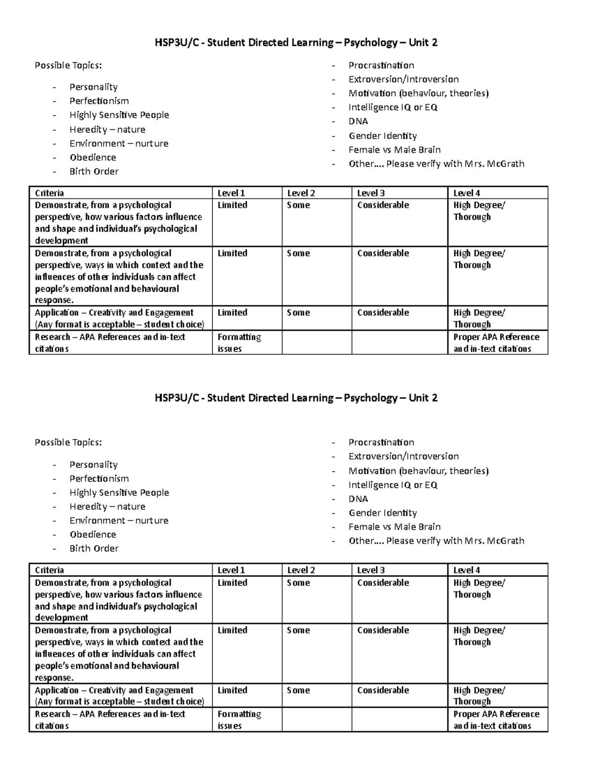 Psychology Student Directed Learning Unit 2 - HSP3U/C - Student ...