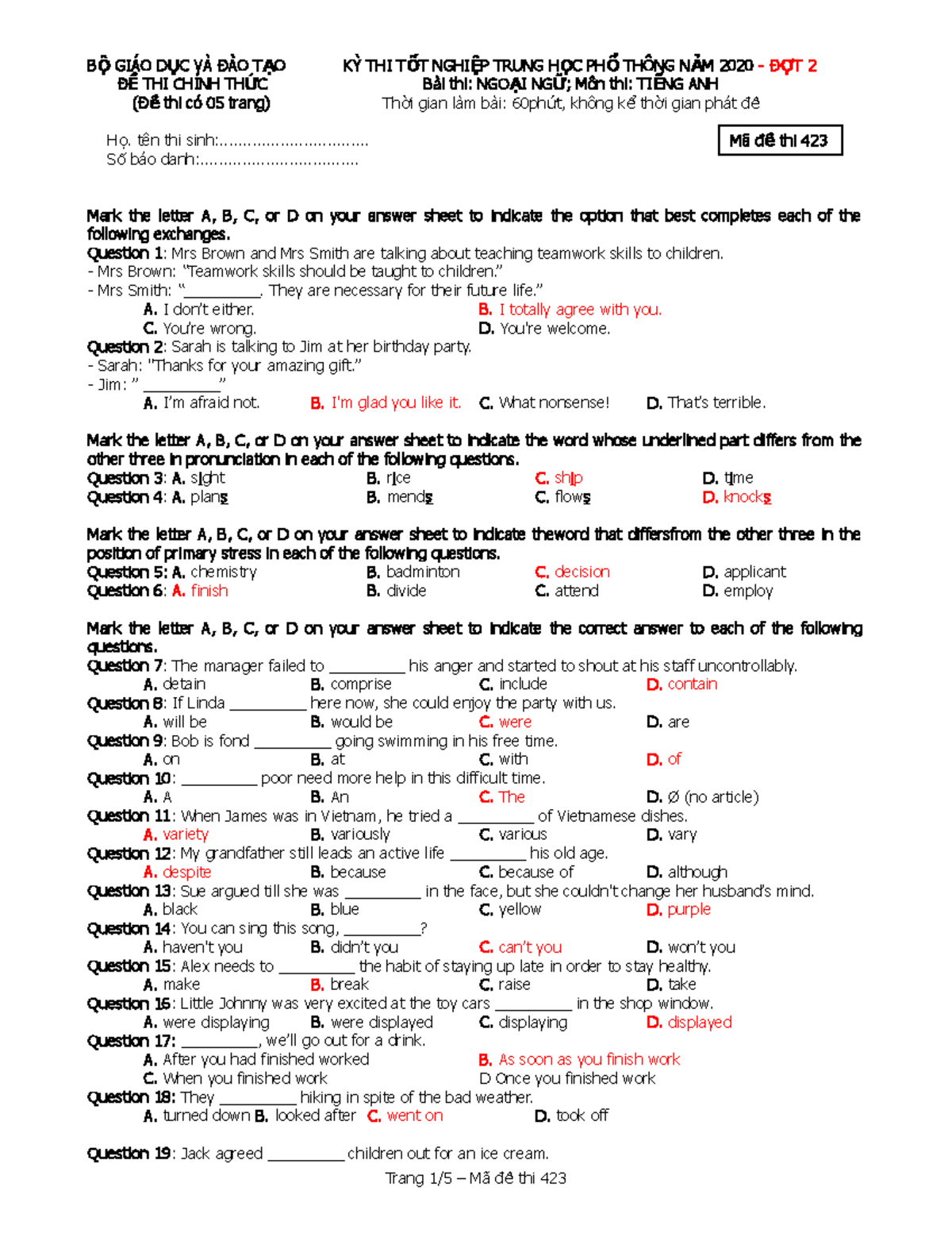 DE THI TN THPT 2020 MON Tieng ANH DOT 2 - B Ộ GIÁO D Ụ C VÀ ĐÀO T Ạ O KỲ THI T Ố T NGHI Ệ P ...
