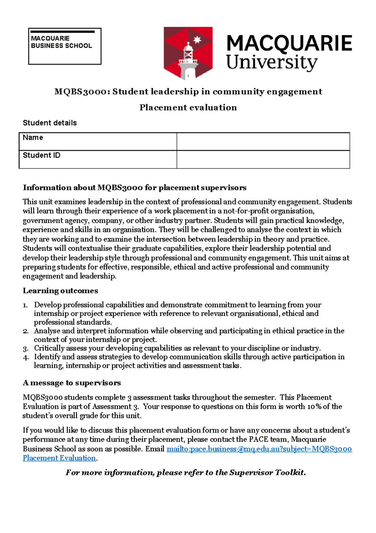 MQBS PACE Evaluation - Pace Evalutation Template - MQBS3000 - MQ - Studocu